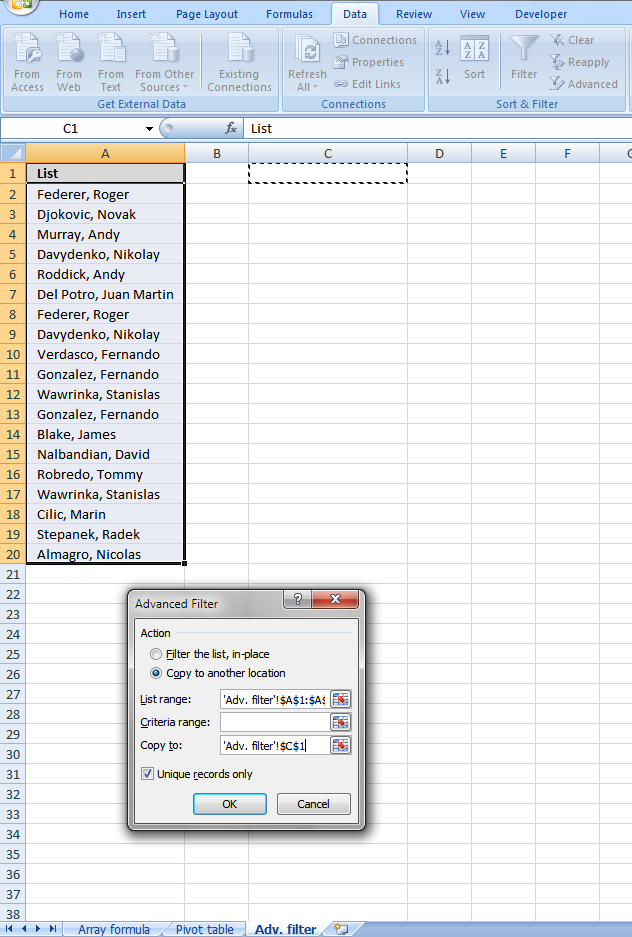 Filter Unique Distinct Values If Value Contains Specific String Formula And Advanced Filter