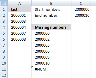 Identify missing numbers in a column