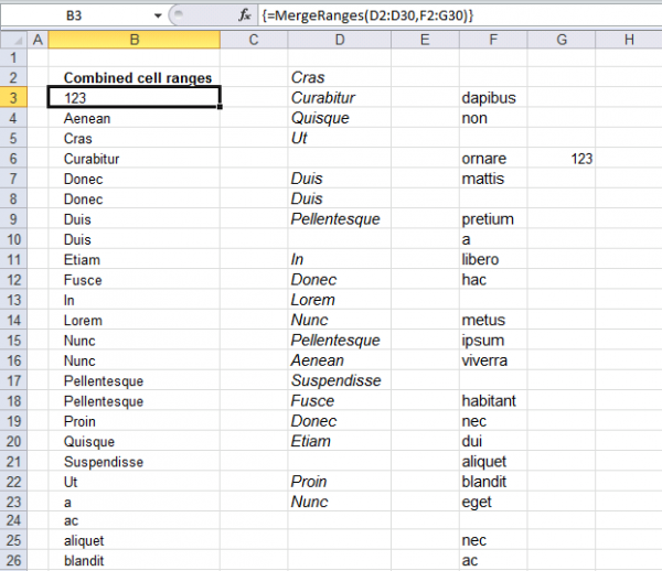 Merge cell ranges into one list