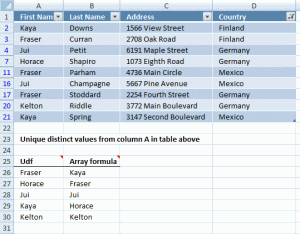 Extract unique distinct values from an Excel Table filtered list