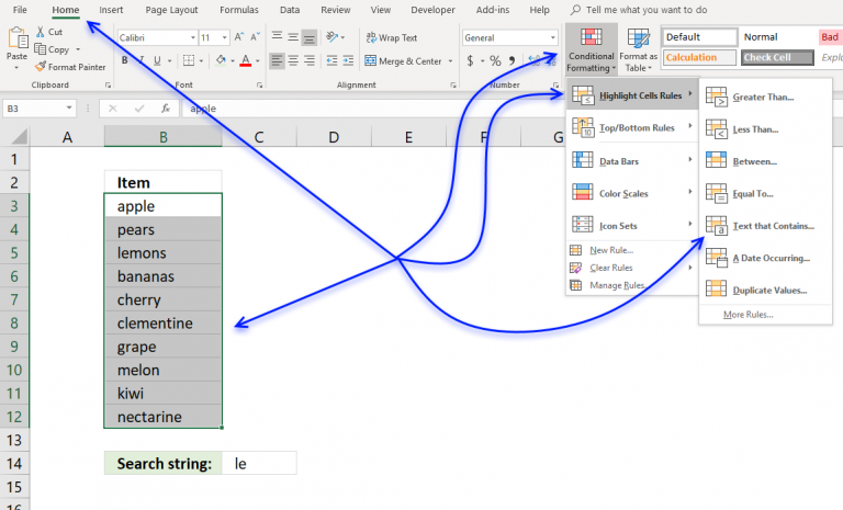 Highlight Cells Containing String Conditional Formatting 