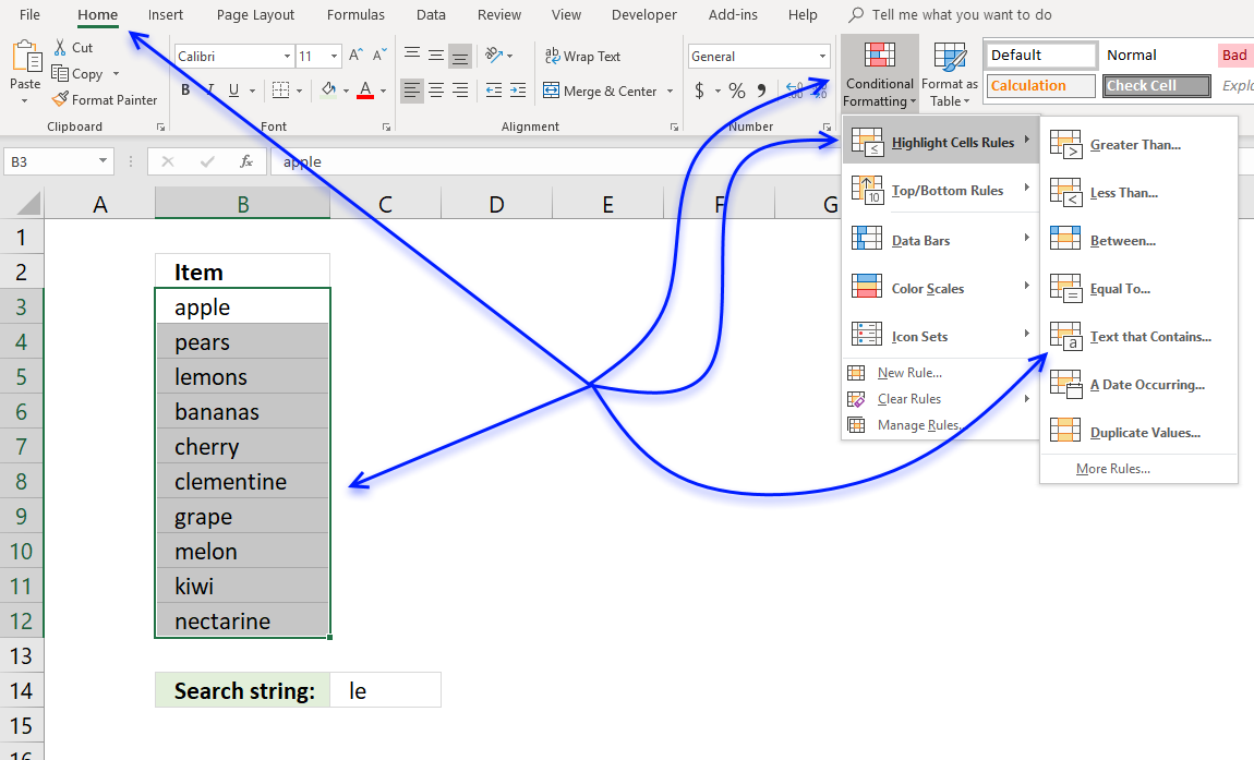 Highlight Cells Containing String Conditional Formatting 